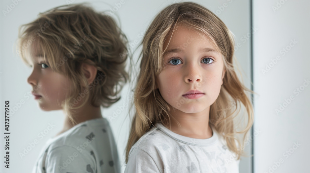 Kid gender identity concept image with a boy or girl child seeing ...