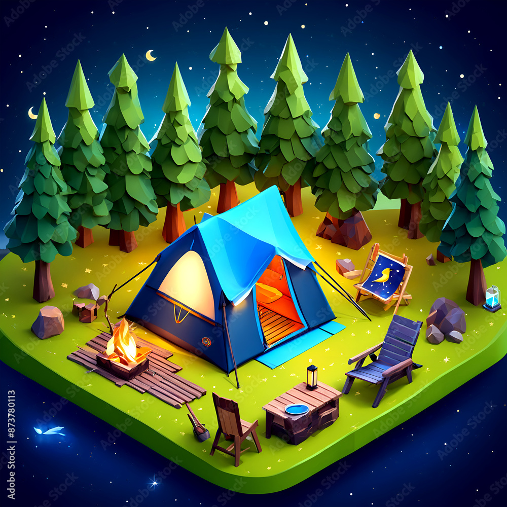 Camping-themed icons, safari tents nestled among the pine trees ...