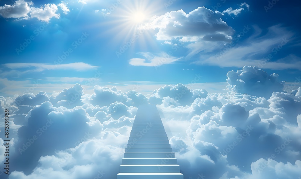 Stairs in white clouds to heavenly blue sky and sun, holy path to ...