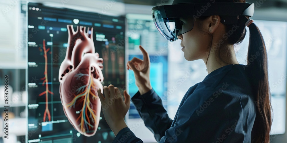 Woman using headphones. Exploring 3D augmented reality heart in a ...