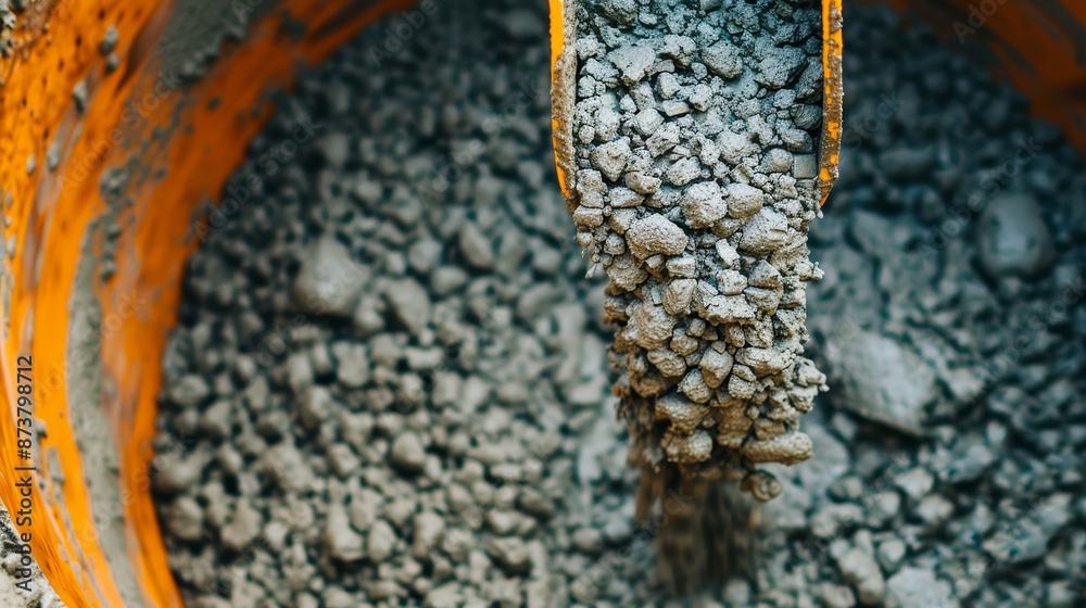 Wet concrete being mixed in a large industrial mixer, showing the blend ...