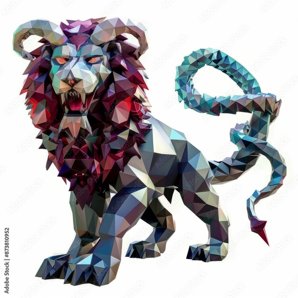 3D Render, Low Poly style of a terrifying chimera with lion's head ...