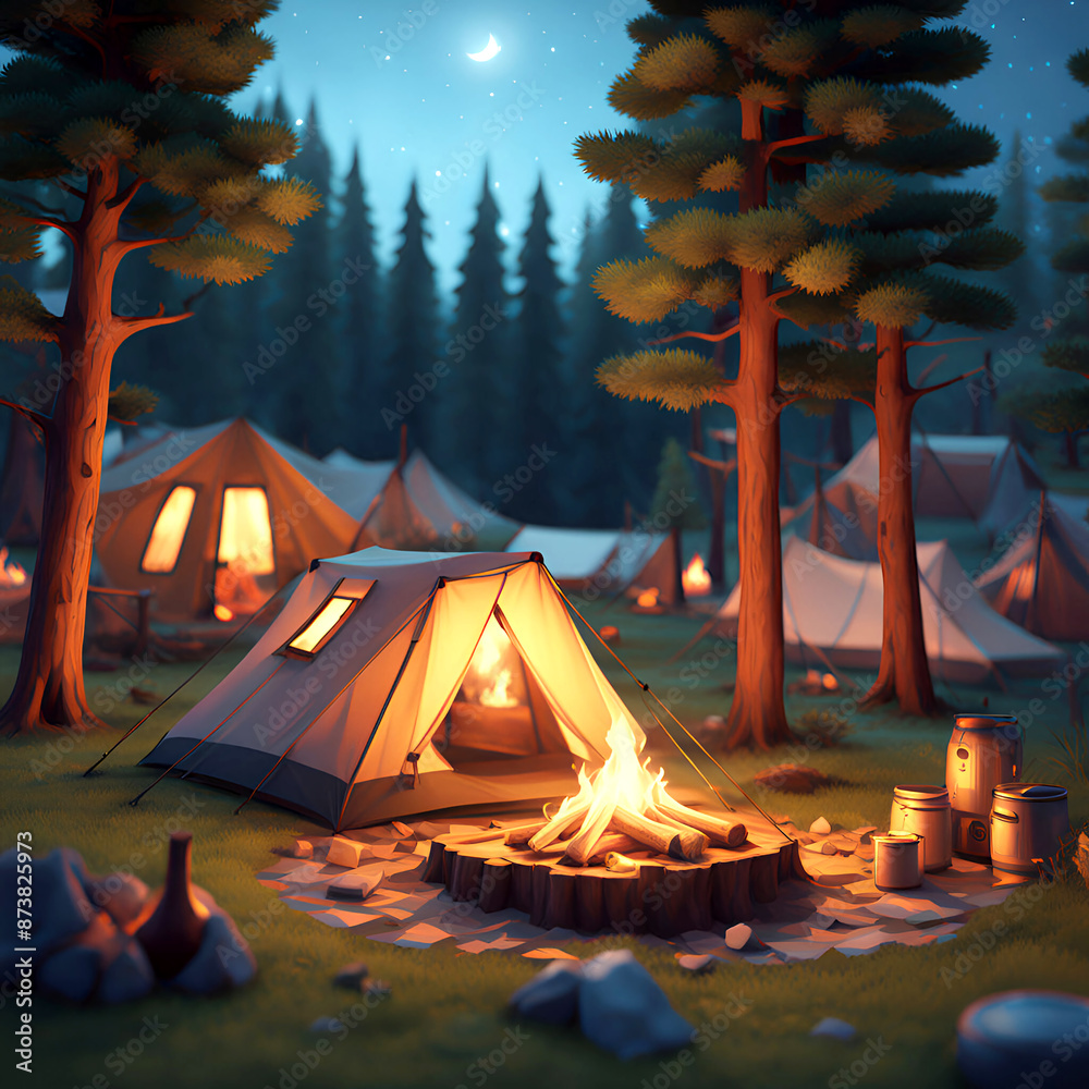 Camping-themed icons, safari tents nestled among the pine trees ...