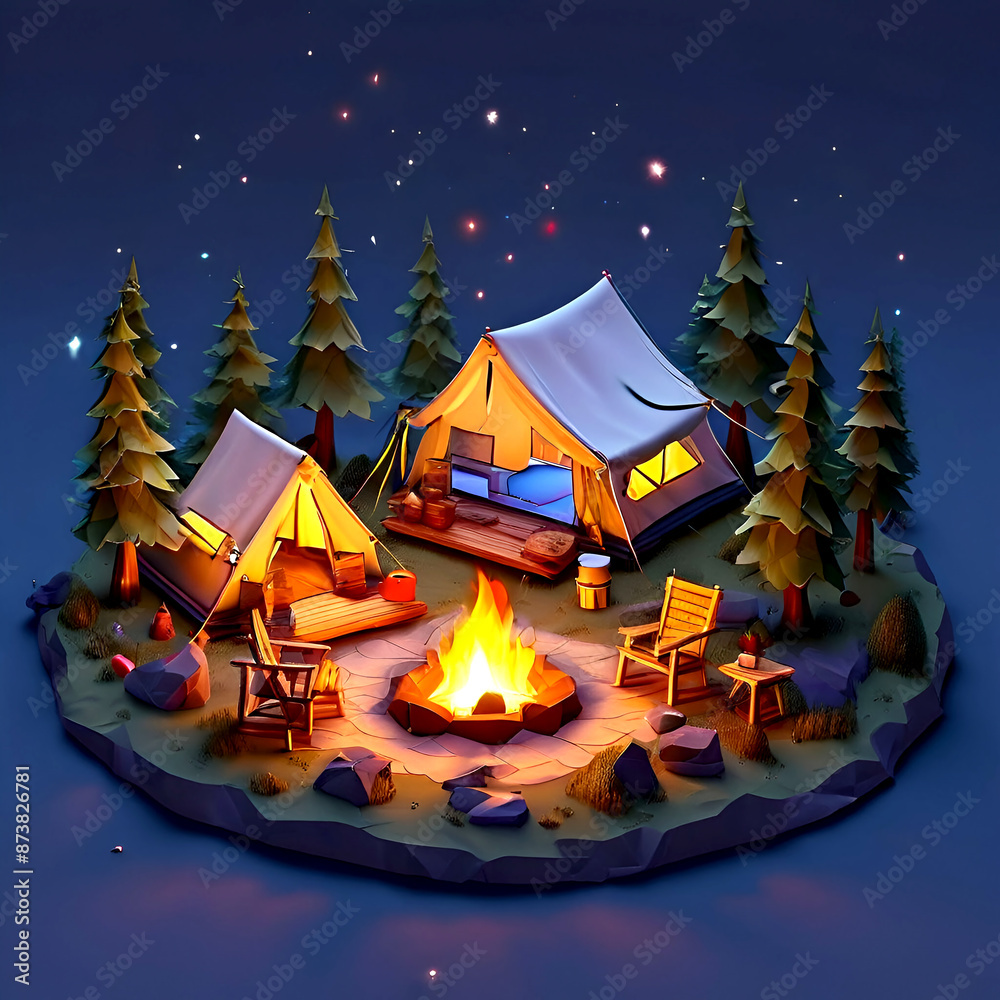 Camping-themed icons, safari tents nestled among the pine trees ...