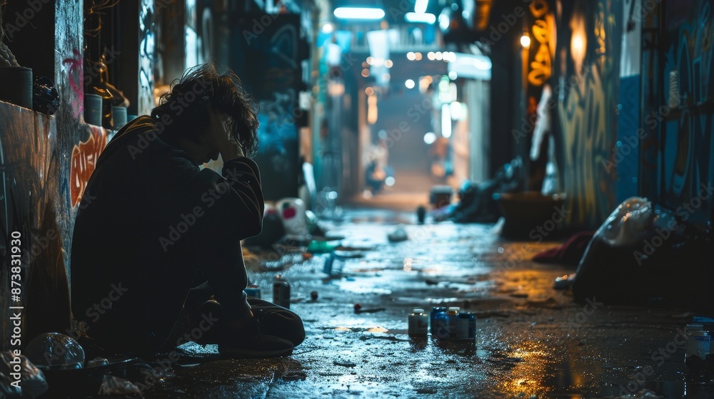 Homeless individual in a dark alley, surrounded by prohibited ...