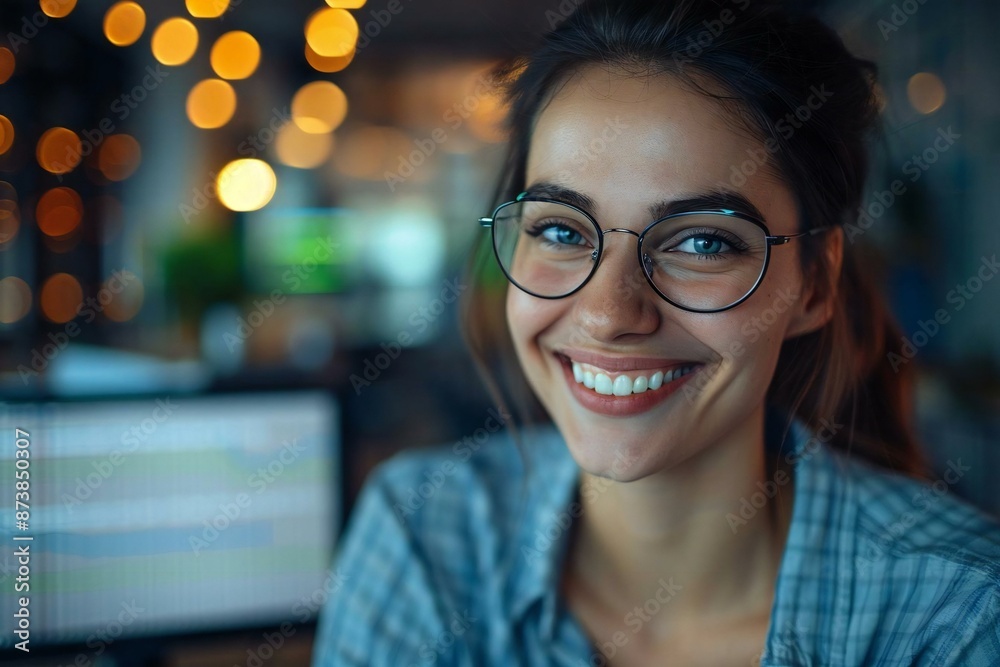 Beautiful young woman with glasses smiling and laughing while working as a project manager with ...