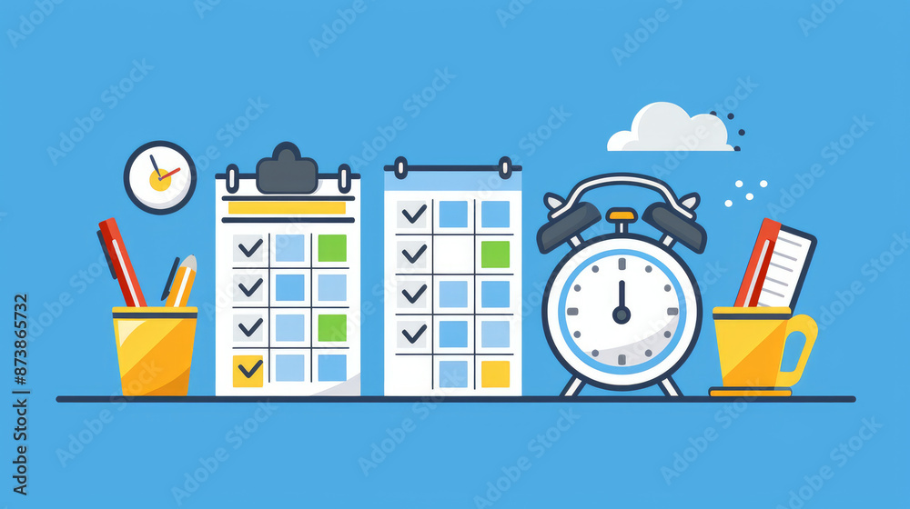 Blue background with three desk calendars showing checkmarks, time, and ...