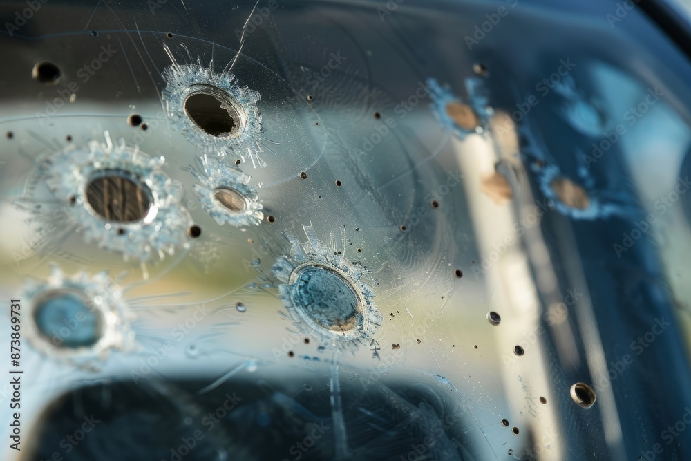 Capture the tension of a battle scene with bullet holes piercing a ...