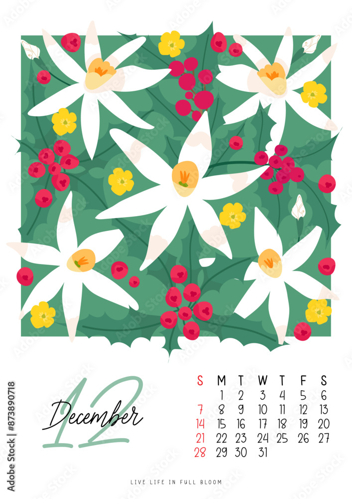 Vertical page flower calendar for December 2025 with Christmas holly ...