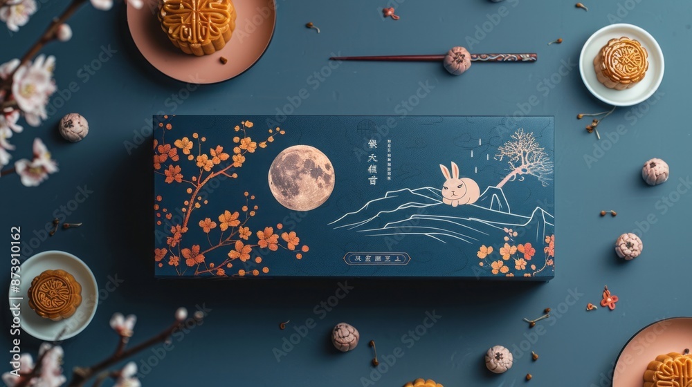 Mooncake Packaging Box with Blue Background Featuring Moon and Cute ...