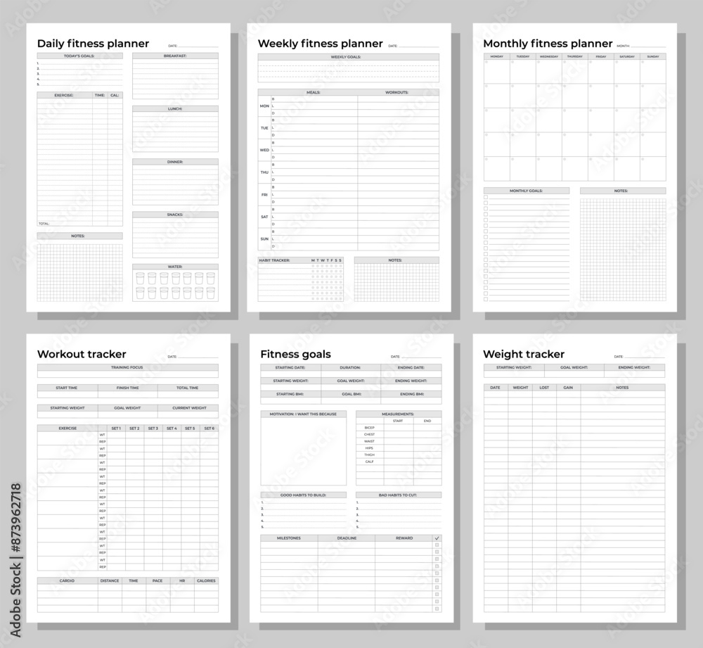 Fitness planners set. Daily, weekly, monthly fitness planners, workout ...