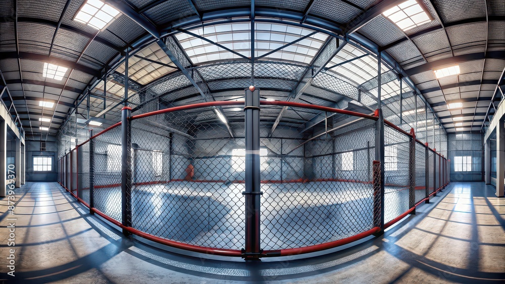 360 degree virtual environment of MMA cage in industrial hall, render ...