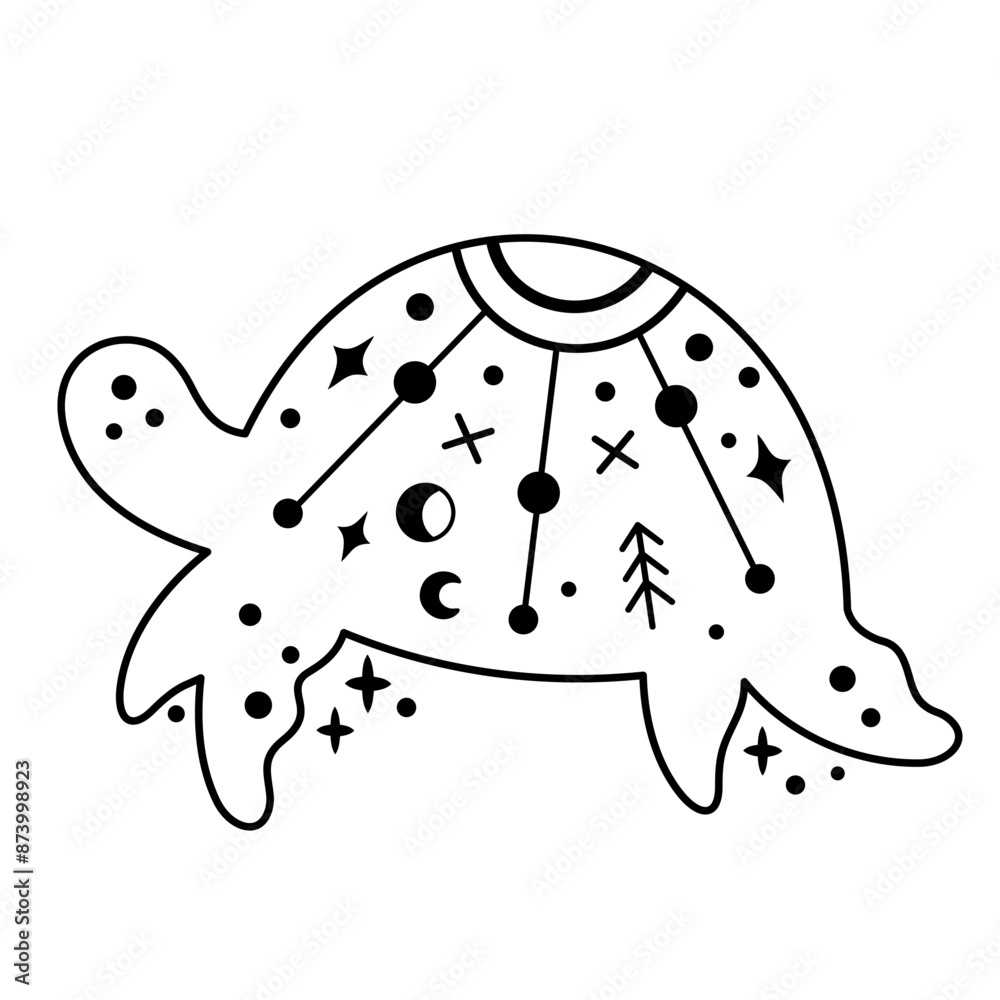 Black and white ocean animal. Boho turtle clipart in flat style ...