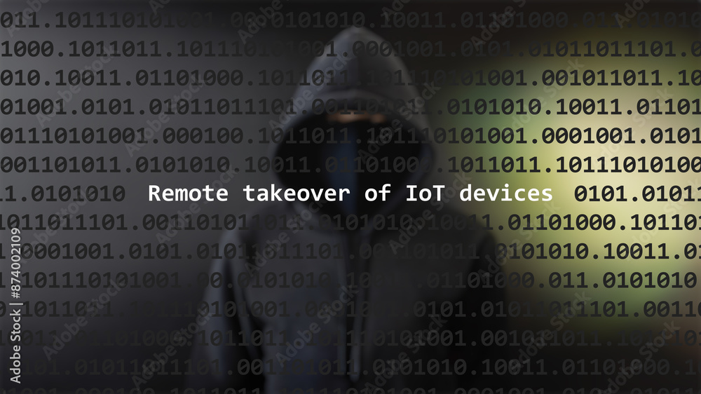 Cyber attack remote takeover of iot devices text in foreground screen, anonymous hacker hidden ...
