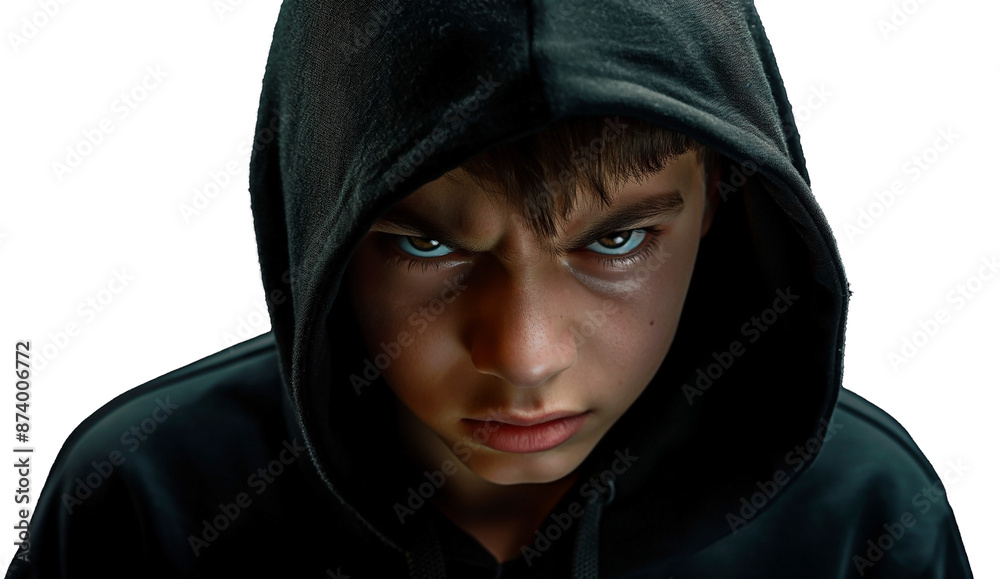 Angry teen boy in a black hoodie isolated on transparent background ...
