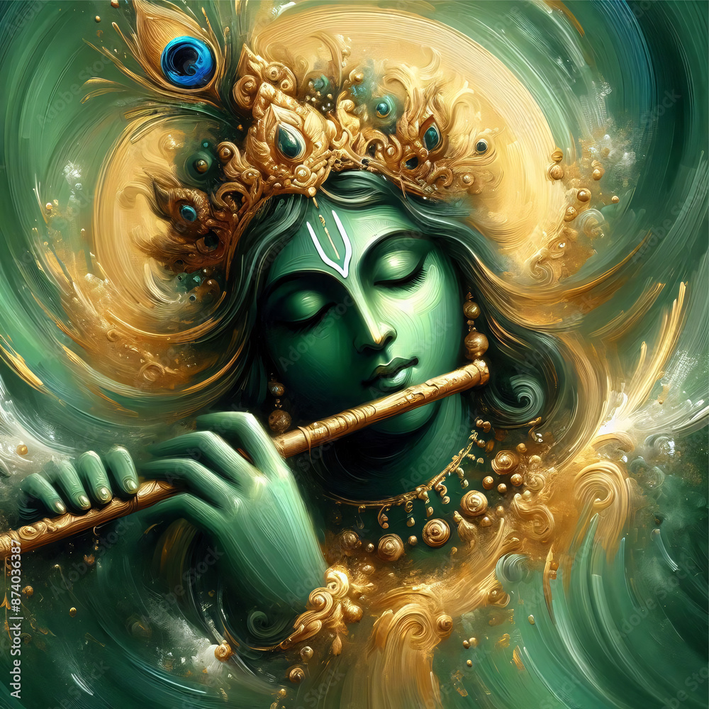 green and golden oil paint brush stroke art of lord krishna with flute ...