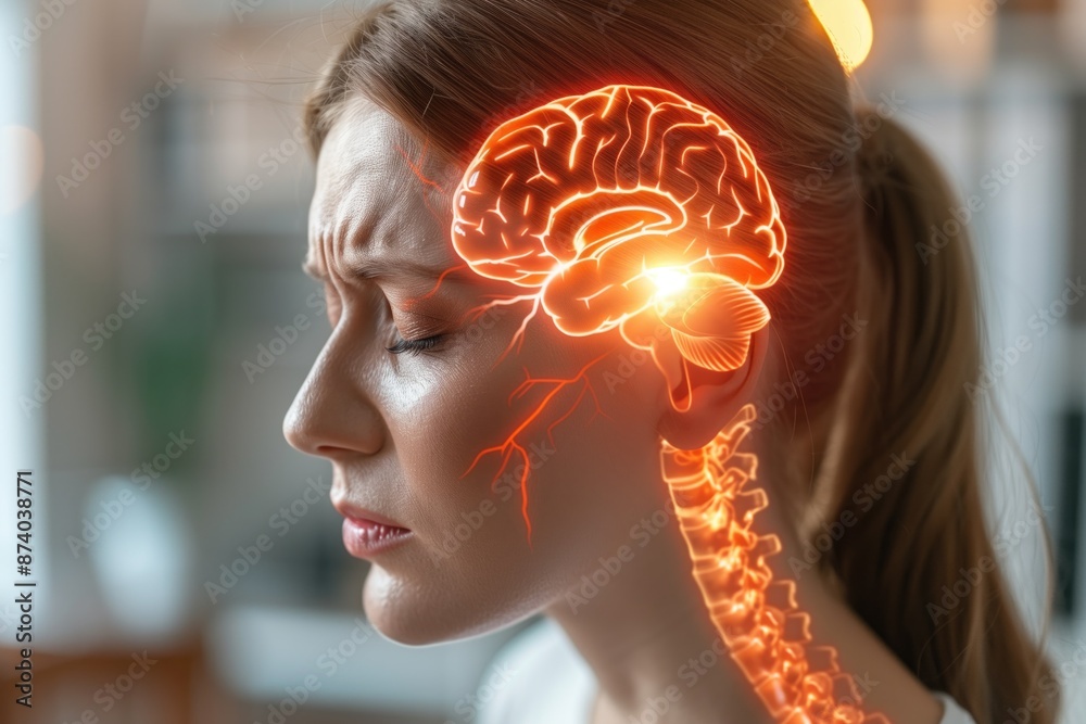 Woman experiencing headache with illuminated brain and spinal cord ...