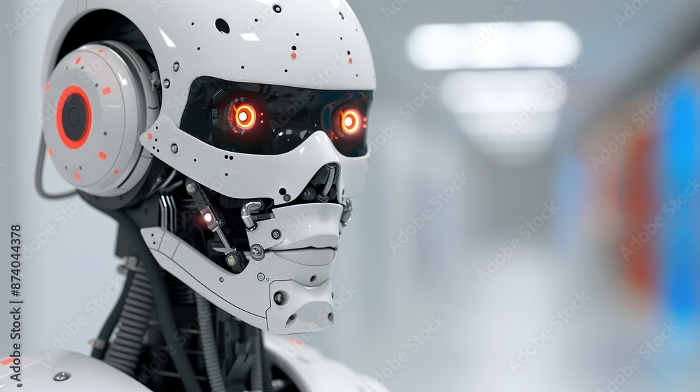 Design a robotic character with sleek, mechanical features and ...