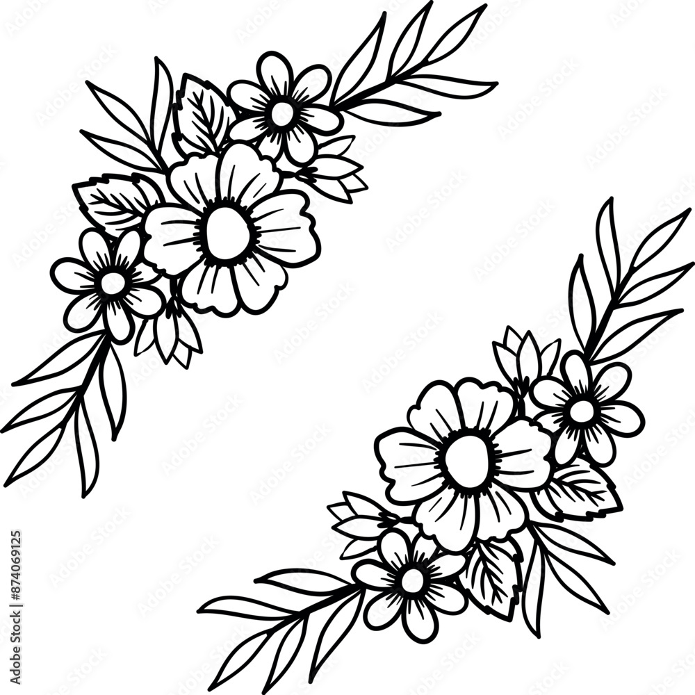 Wildflowers border line art. Flat isolated hand drawn flowers. Vector ...