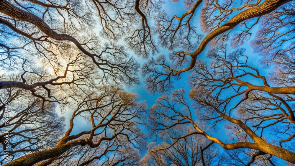 Bare branching canopy of deciduous trees forms intricate network of ...