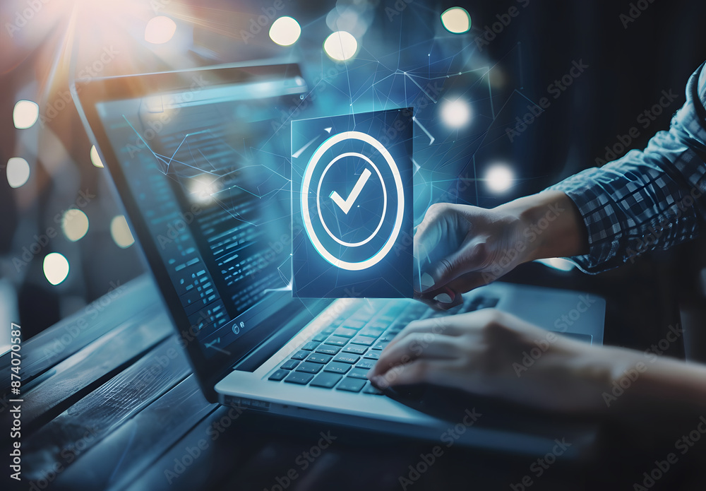 Quality assurance concept. People use laptops with virtual high-quality ...