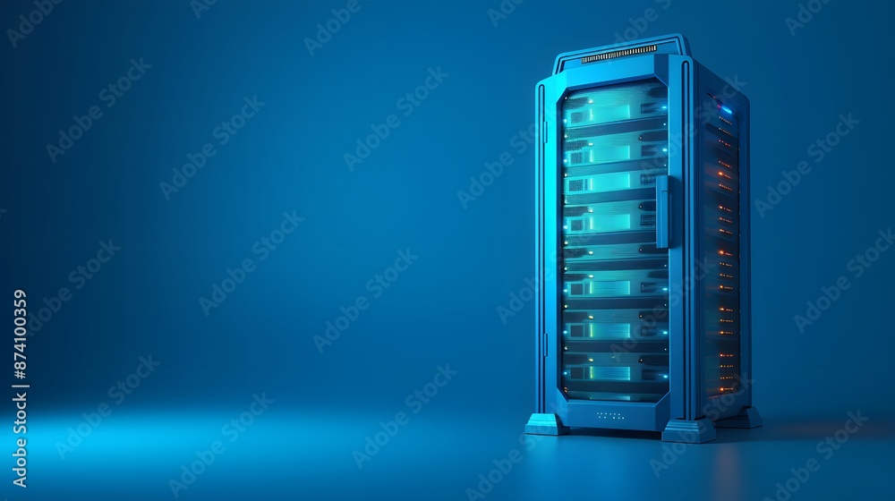 Modern blue illuminated server rack in a data center with ample storage ...