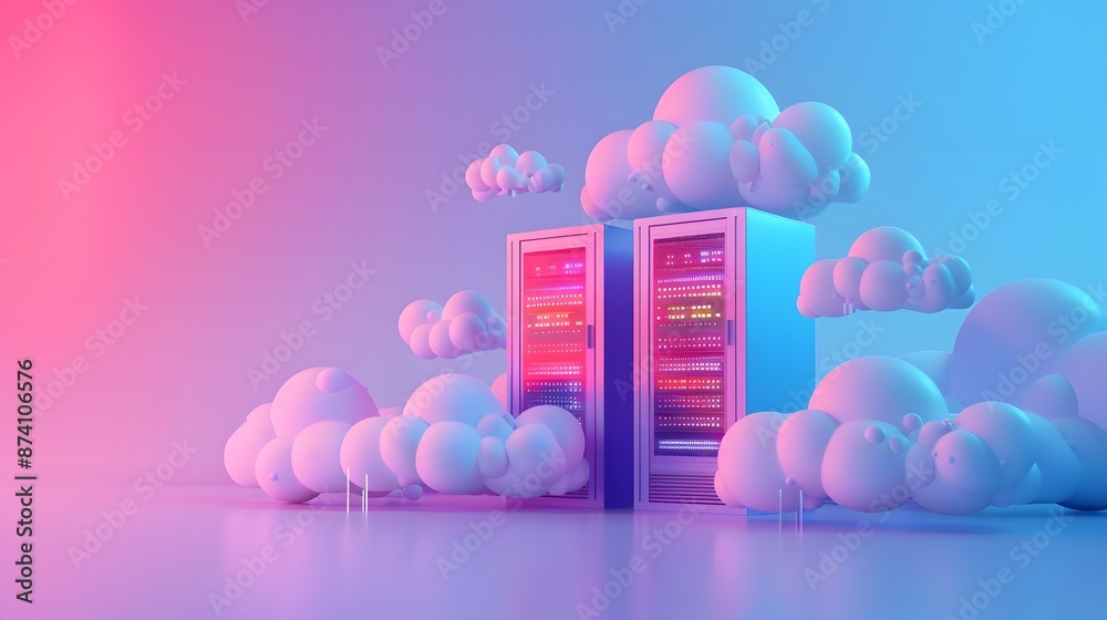 Surreal cloud computing data center with glowing servers amidst fluffy ...