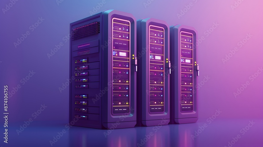 Three high-tech server racks in a futuristic setup with vibrant purple ...
