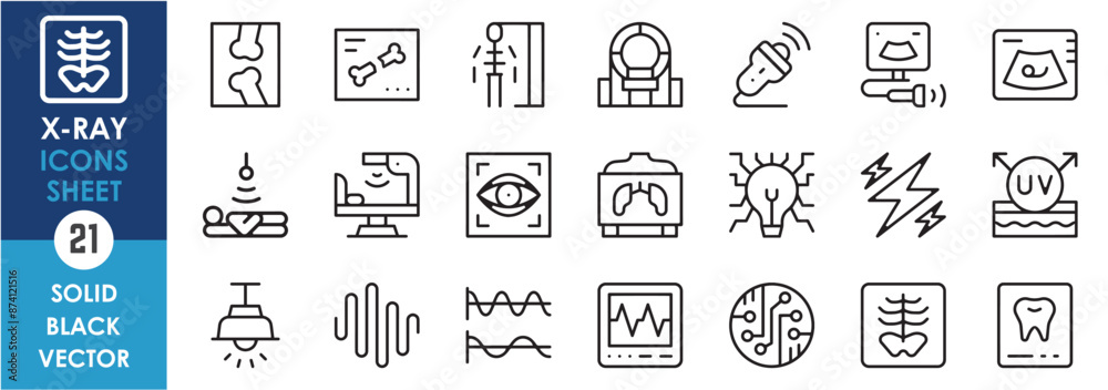 A set of line icons related to x-ray. X ray, ultrasound, scan, mri, uv ...