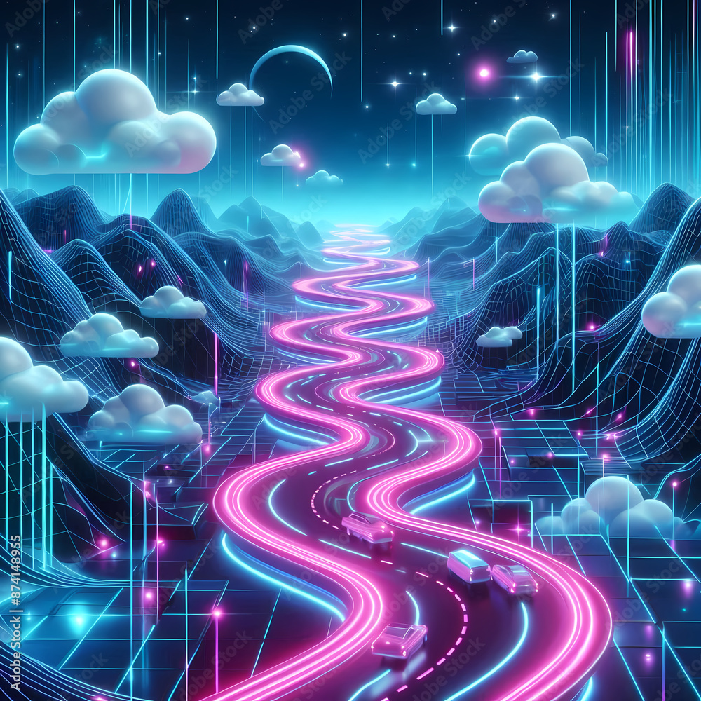 winding neon digital highway background elements cyberpunk hills clouds ...