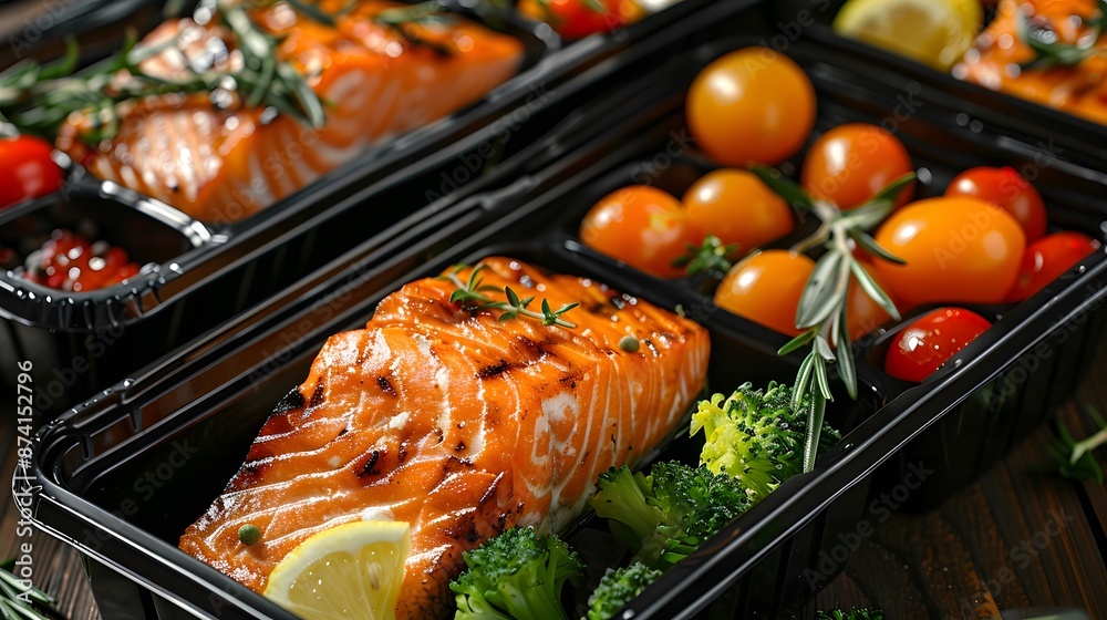 Meal boxes with delicious grilled salmon fillets, steaks and vegetables ...