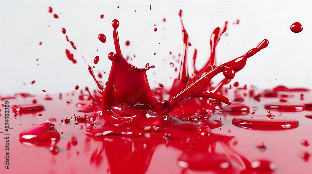 Ruby paint of every shade splattered chaotically on a clean white ...