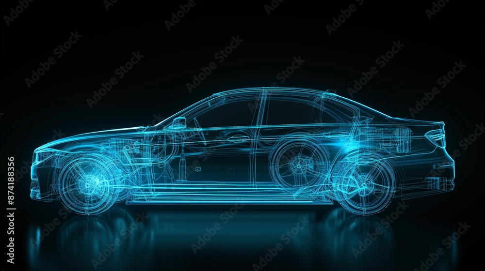 Blue glowing wireframe of a generic sports car. Concept of automotive ...