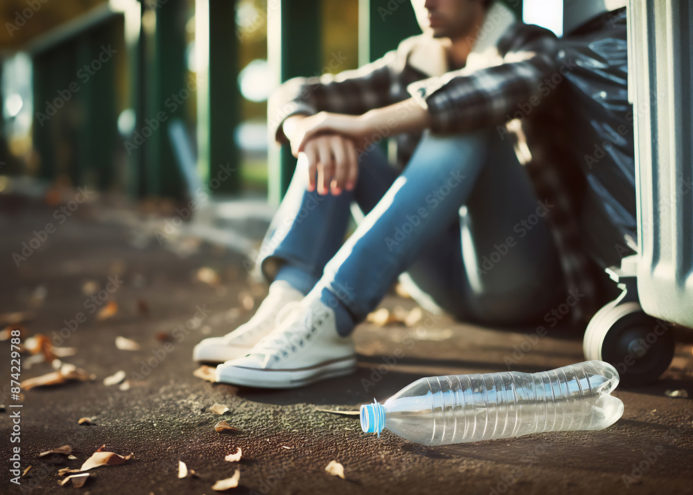 Plastic bottle waste next to a trash can, symbolizing of littering and ...