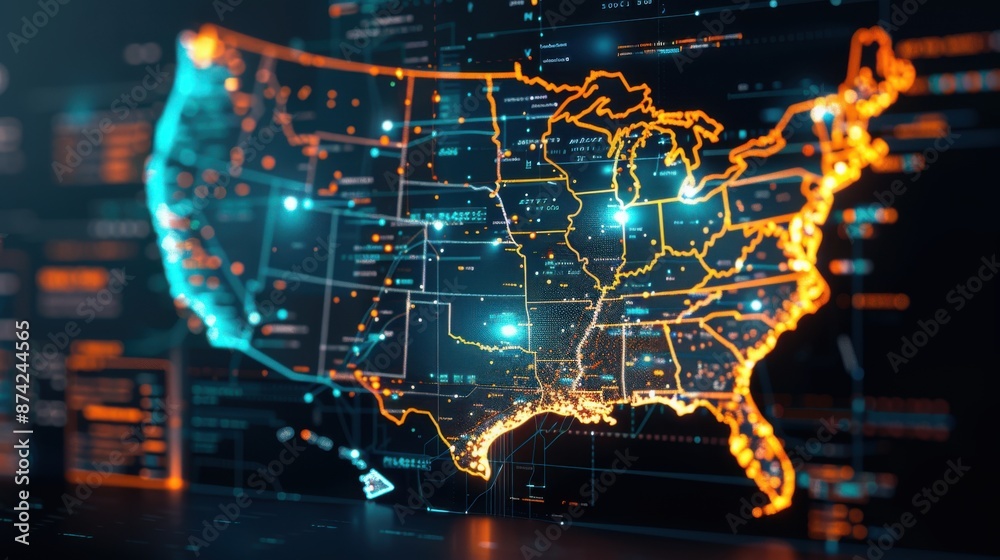 Dynamic map of major US cities with illuminated IoT symbols and data ...