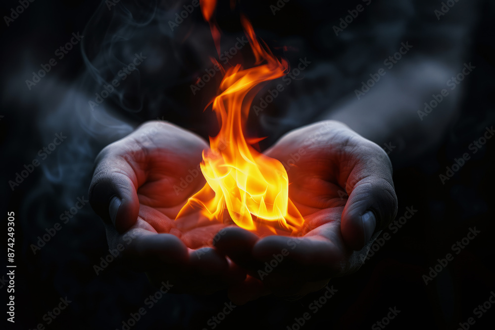 Close-up of hands holding fiery flames with glowing sparks against dark ...
