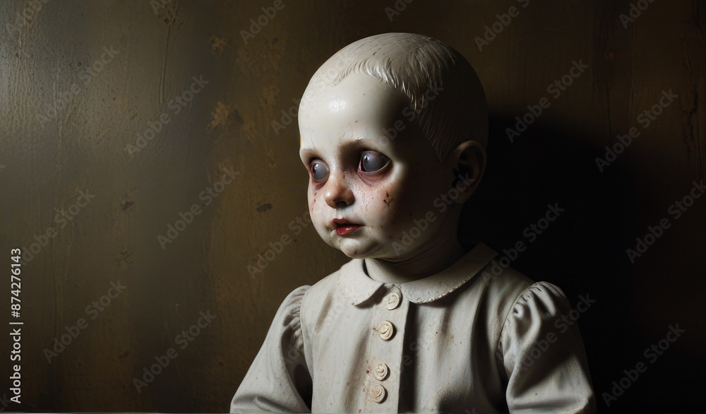 Stock-Foto „Horror. Halloween 2024.creepy porcelain baby doll with a ...