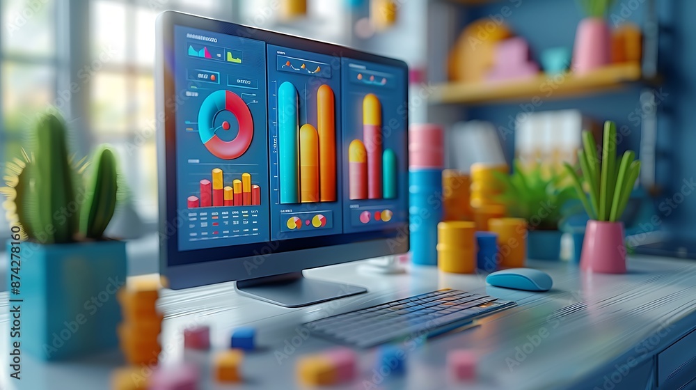 A 3D isometric illustration of an online marketing dashboard ...