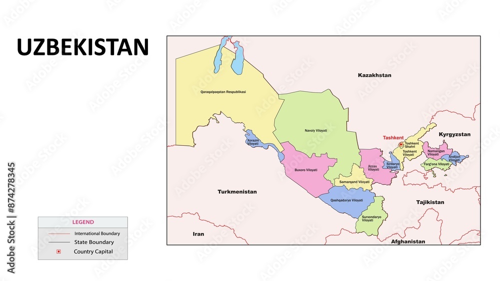 Uzbekistan Map. State and union territories of Uzbekistan with ...
