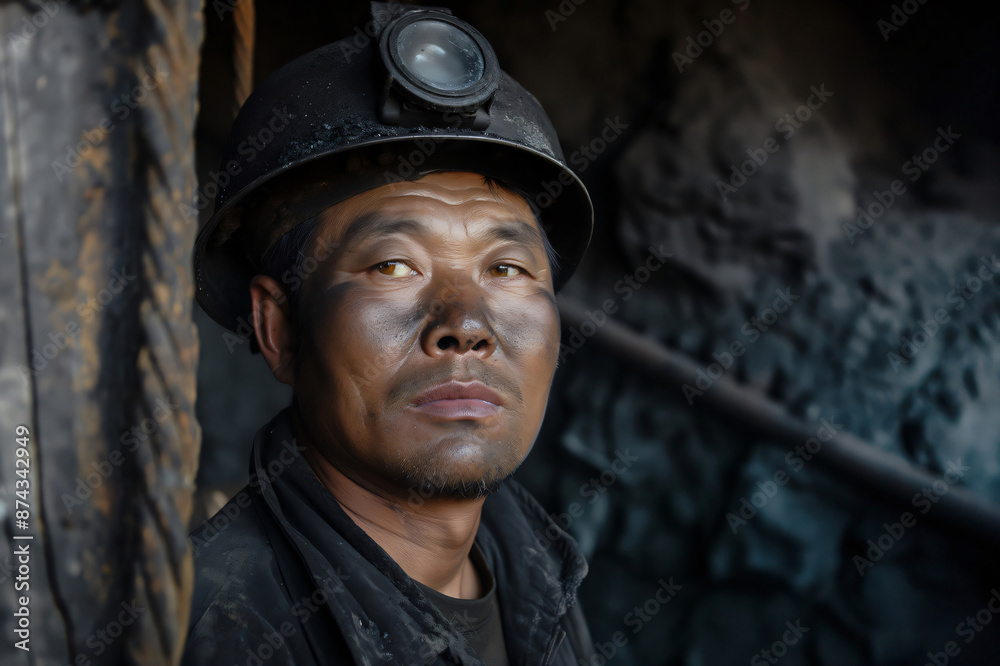 Coal miner with a dirty face wearing a helmet with a light posing in a dark mine Stock Photo ...