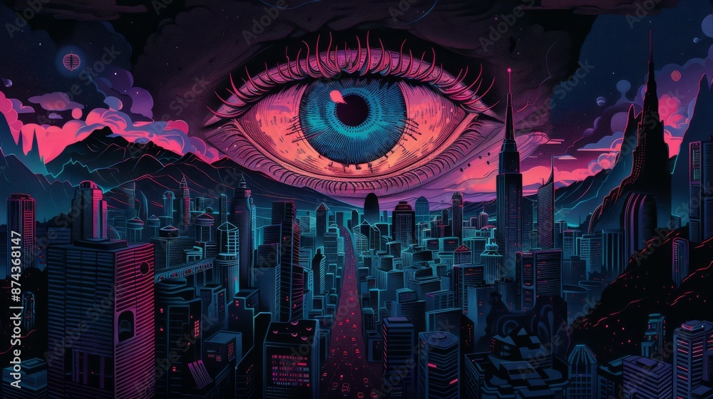 all seeing eye, psychedelic style vector illustration with fantasy ...