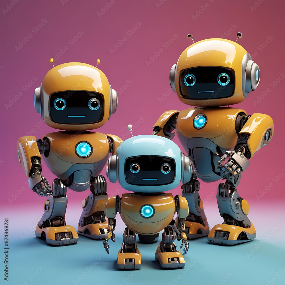 Cute 3D Robots Set Against Colorful Backgrounds for Technology Themes ...