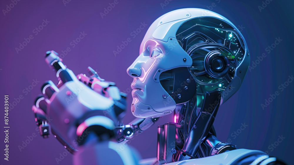 Futuristic humanoid robot in a purple and blue neonlit background pointing forward with one hand ...