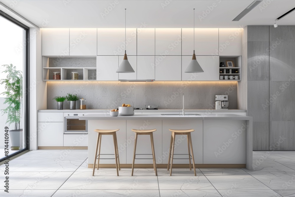 interior, kitchen in Scandinavian hygge architectural style, clean ...