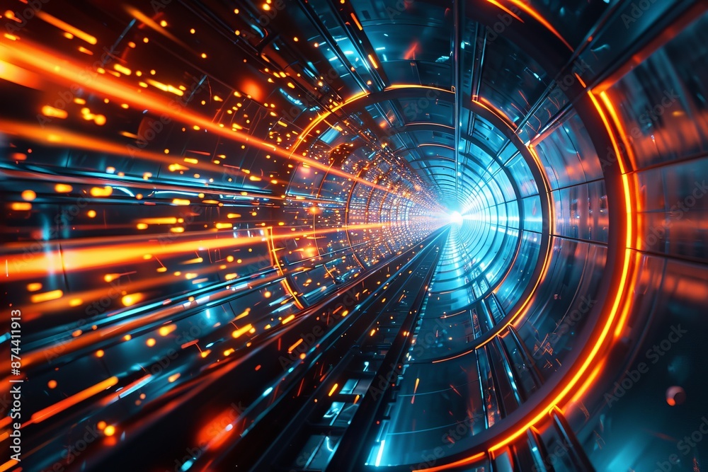 High-speed particle accelerator with streaks of charged particles on a ...