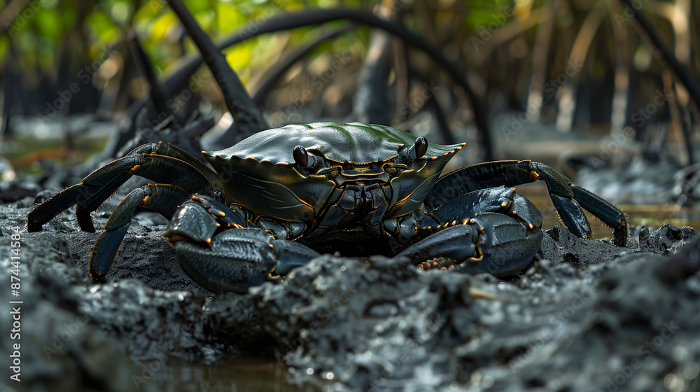Big mud crab hiding in mud, crab partially hiding in black mud ...