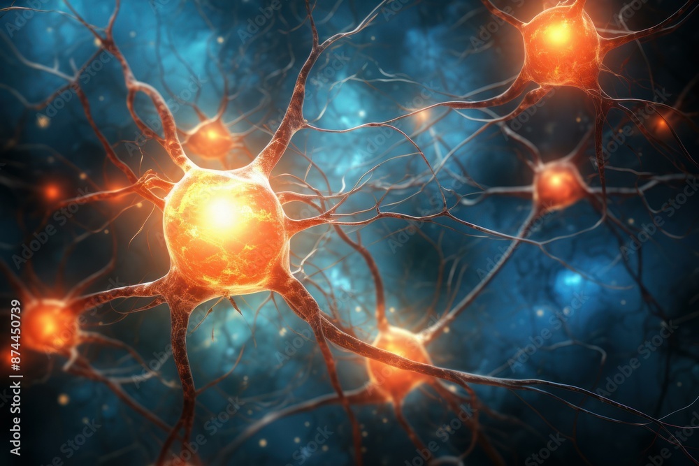 Vibrant 3d glowing neurons network illustration depicting the complex synaptic connections in ...