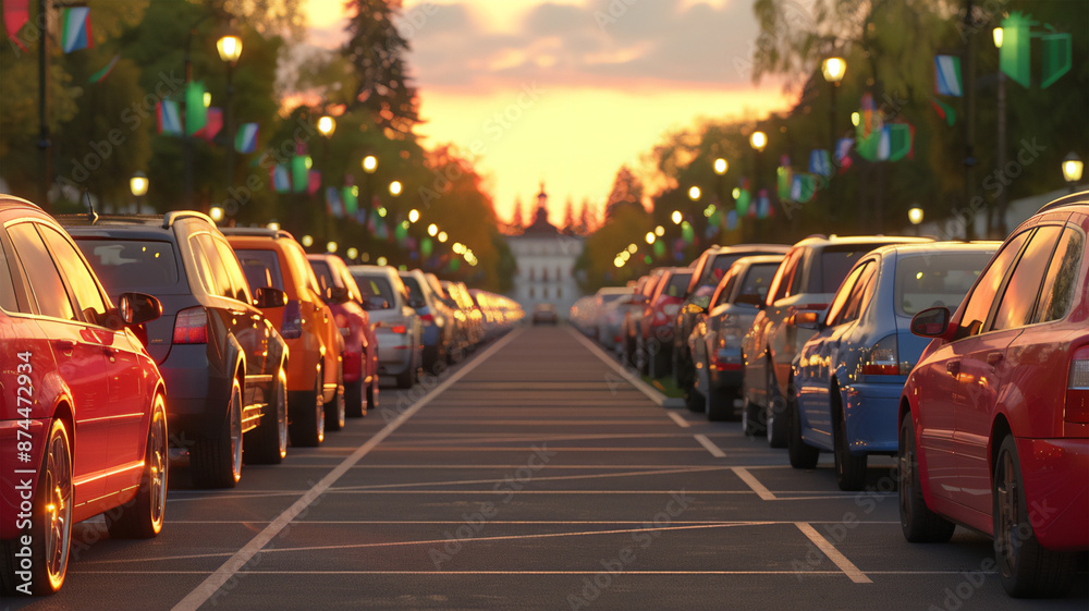 An endless line of cars on a busy street meets a fiery sky, where ...
