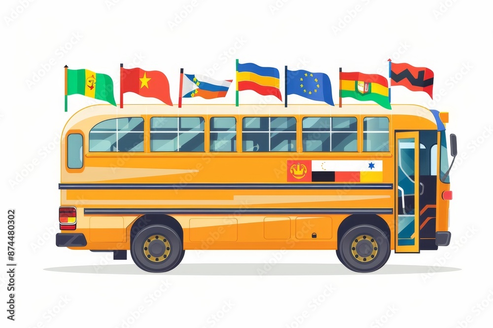 A school bus is decorated with flags from around the world, symbolizing ...