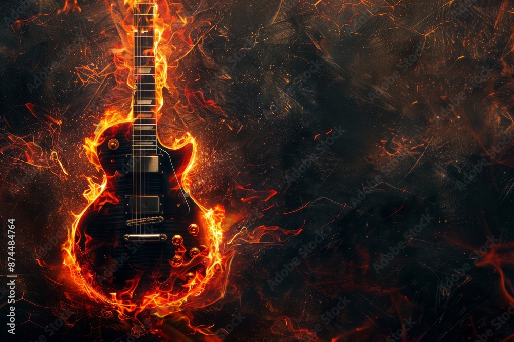 Rock guitar fire burning engulfed in flames, creating a dramatic and ...